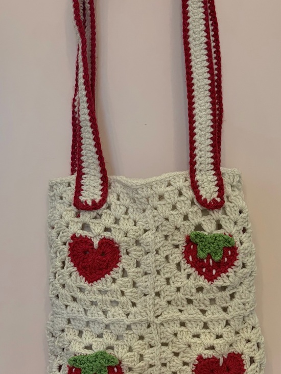 Bags | Handmade Lined Cream Crochet Shoulder Bag With Red Strawberry ...